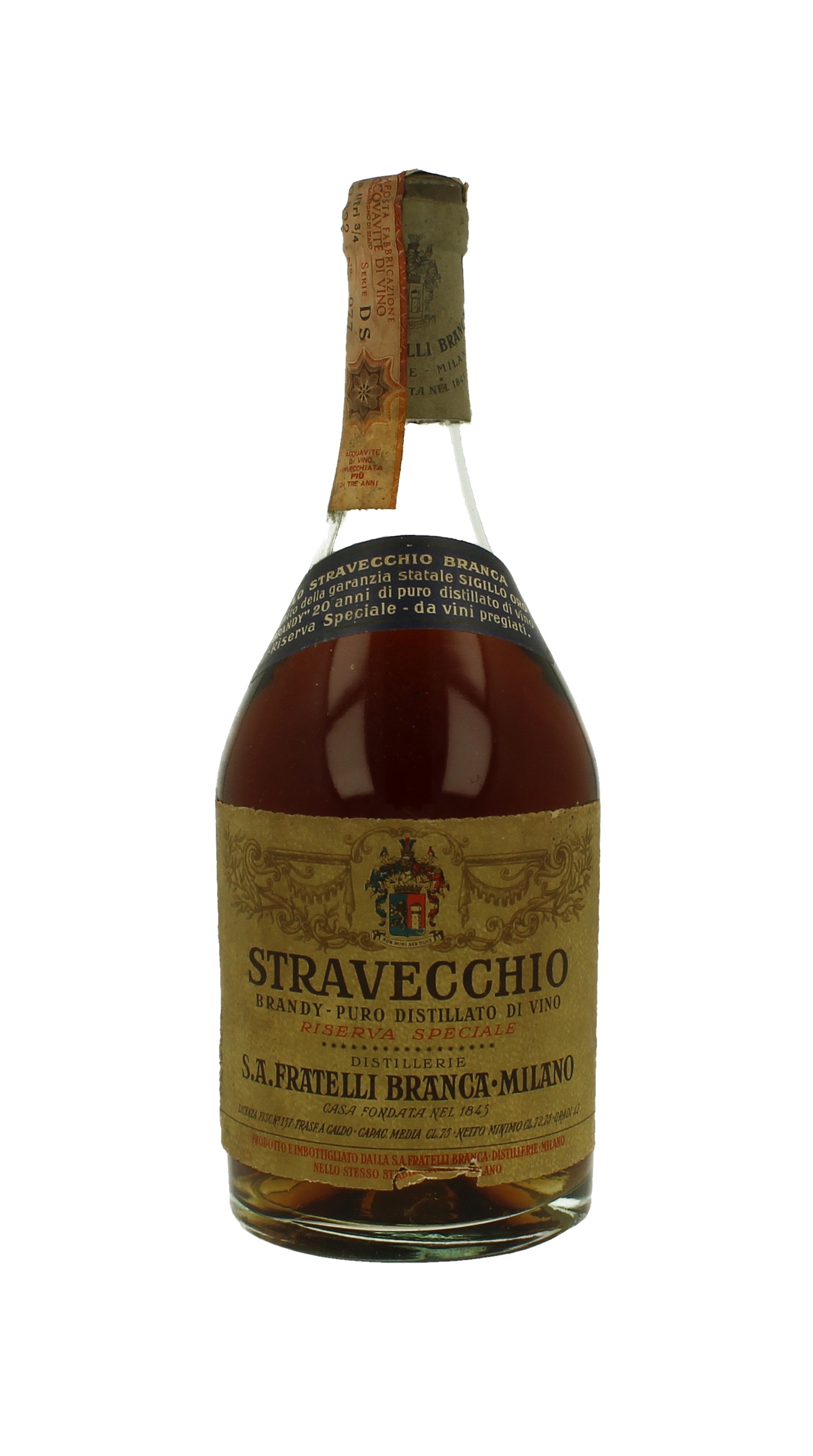 BRANDY STRAVECCHIO Bot.1960/1970's 75cl 42 BRANCA probably distilled in ...